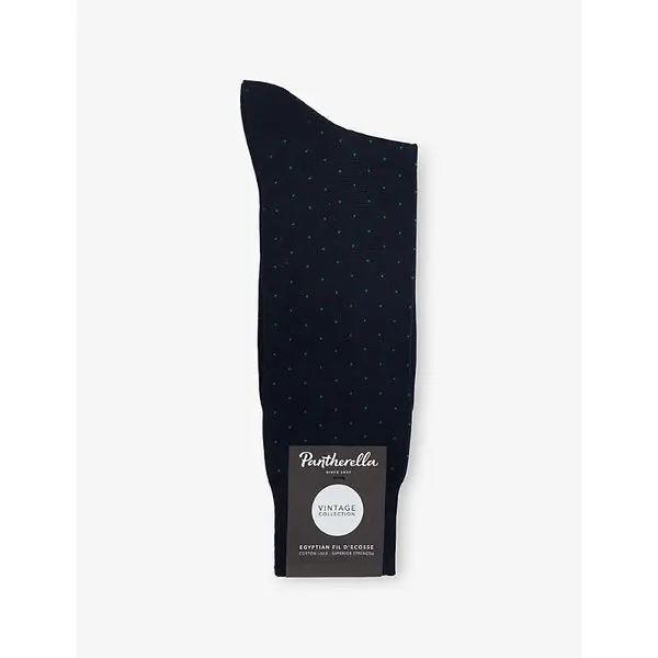 Pantherella Gadsbury Long Pin-dot Cotton-blend Dress Socks - Navy