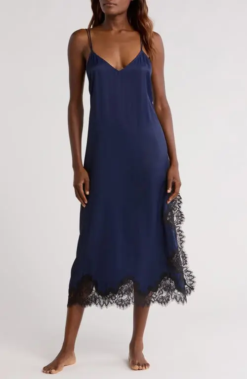 Nordstrom Lace Trim Satin Chemise - Navy Peacoat