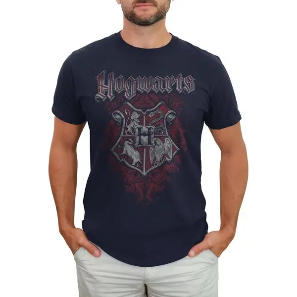 HARRY POTTER Vintage Artistic Crest Graphic T-shirt - Navy Blue