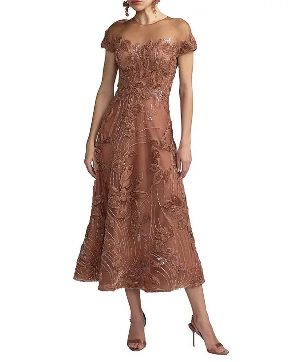 Mac Duggal Embellished Lace Illusion Neck A-line Midi Dress - Rust