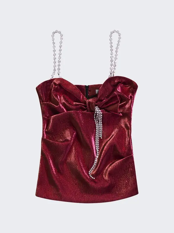 AREA Crystal Embellished Stretch Lamé Top - Red