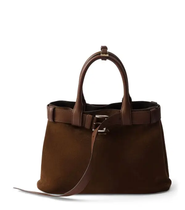 Prada Medium Suede Buckle Tote Bag - Brown