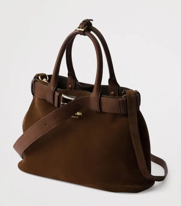 Prada Medium Suede Buckle Tote Bag - Brown