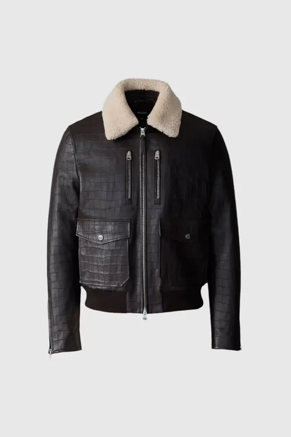 Mackage Croc-embossed Leather Jacket With Shearling Collar - Black