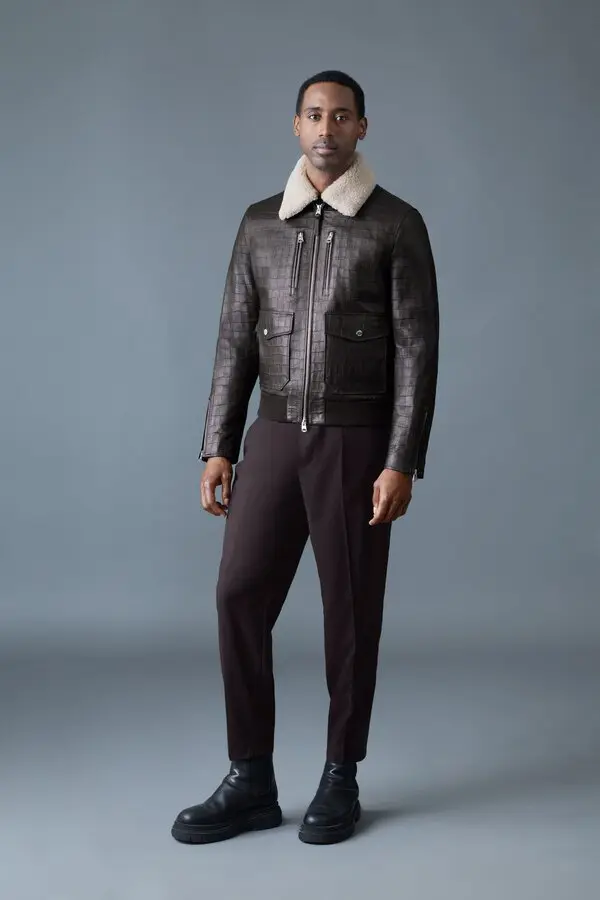 Mackage Croc-embossed Leather Jacket With Shearling Collar - Black