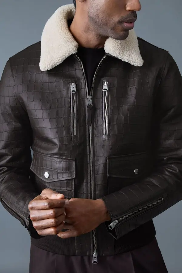 Mackage Croc-embossed Leather Jacket With Shearling Collar - Black