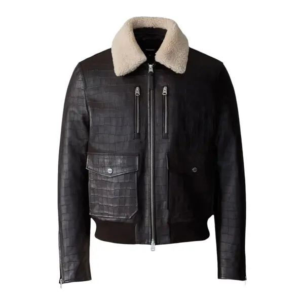 Mackage Croc-embossed Leather Jacket With Shearling Collar - Black
