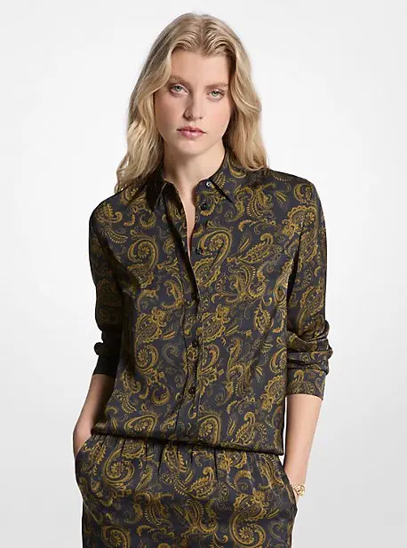 Michael Kors Paisley Print Satin Pajama Shirt - Green