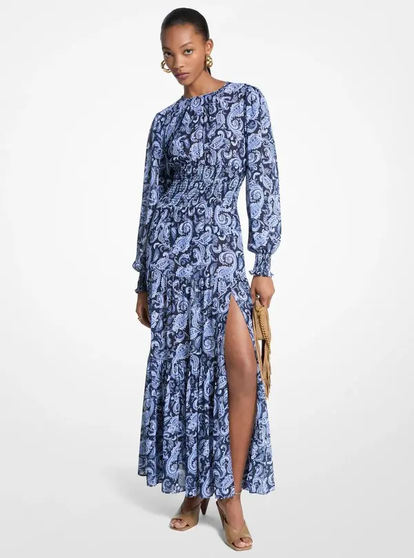 Michael Kors Paisley Print Smocked Georgette Maxi Dress - Blue