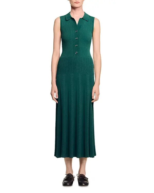 Sandro Polo-Collar Button-Down Stretch-Knit Midi Dress - Dark Green - 40%  Off | Editorialist