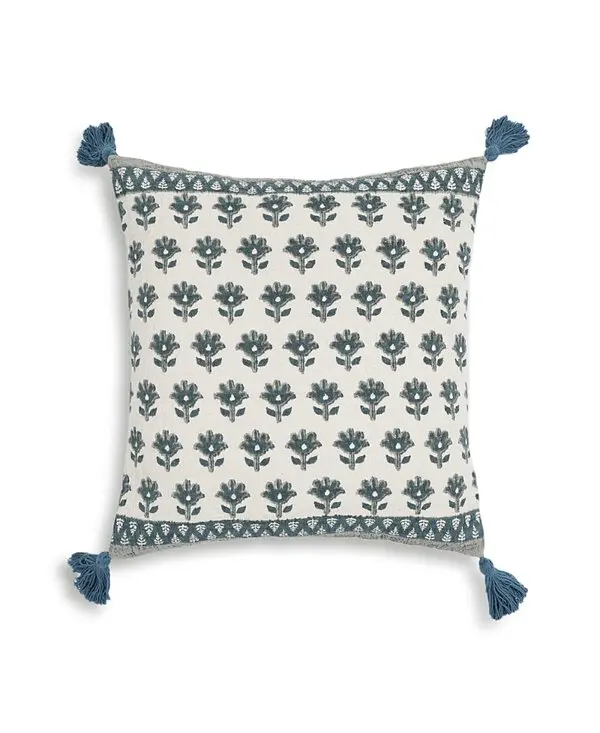 TOV FURNITURE Blossom Printed Cotton Tassel 20 Inch Accent Cushion - Blue