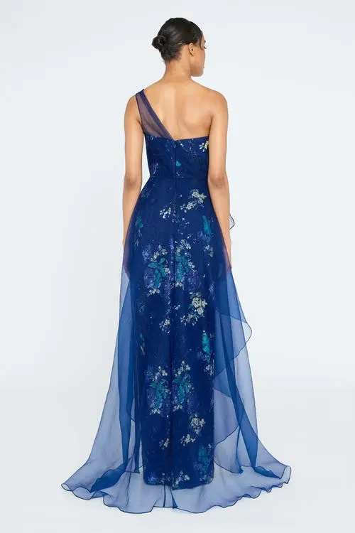 Theia Noemi Beaded Column Gown With Overlay