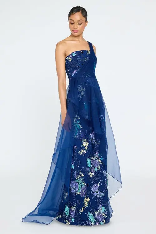 Theia Noemi Beaded Column Gown With Overlay