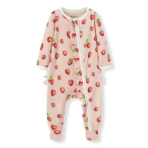 MILKBARN Organic Cotton Ruffle Zipper Footed Romper - Strawberry