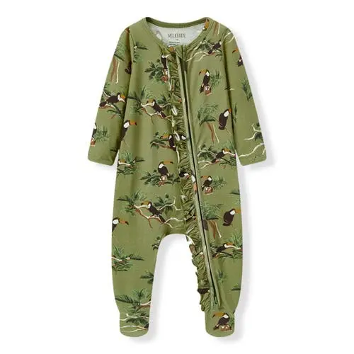 MILKBARN Cotton Stretch Ruffle Zipper Footed Romper - Toucan