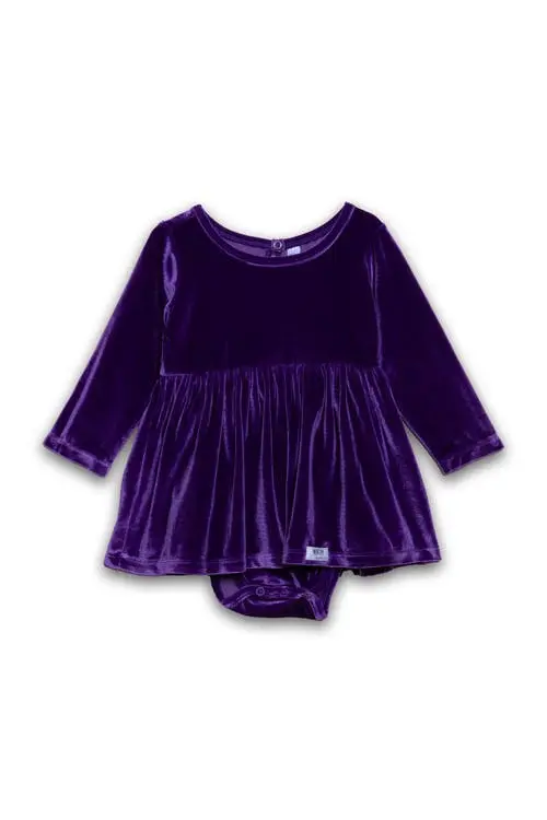 WORTHY THREADS Stretch Velvet Long Sleeve Bubble Romper - Dark Purple