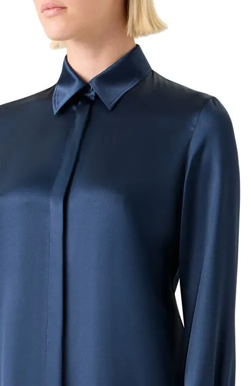 Akris Stretch Silk Satin Button-up Shirt - Denim Blue