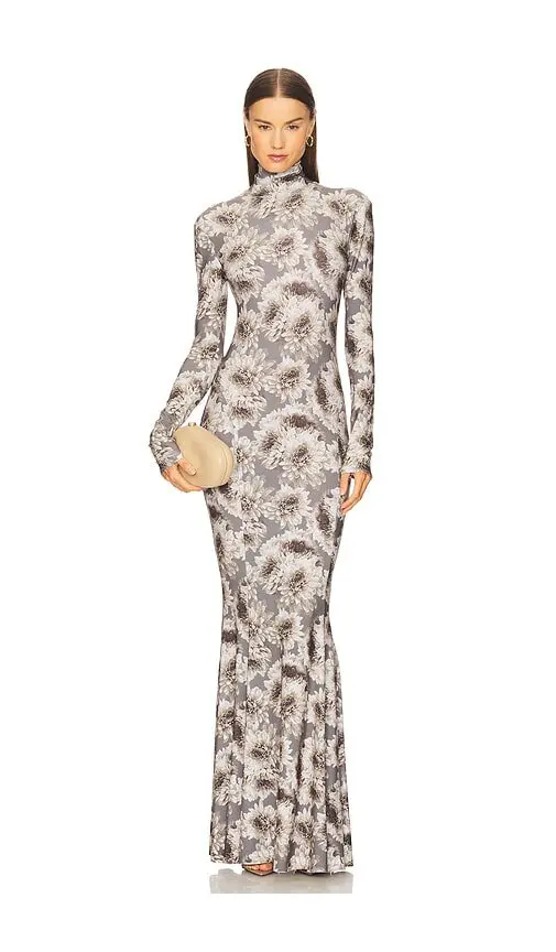 Norma Kamali Long Sleeve Turtleneck Fishtail Gown - Grey