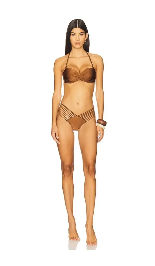 Luli Fama Strappy Brazilian Ruched Bikini Bottom - Brown