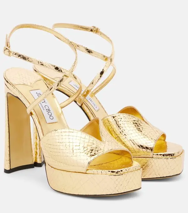 JIMMY CHOO Karli 125 Metallic Leather Platform Sandals - Gold