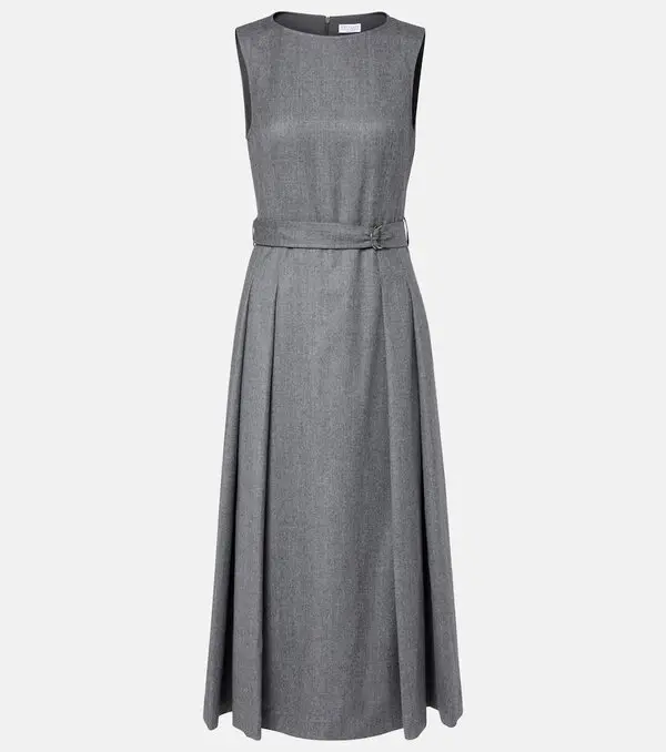 Brunello Cucinelli Belted Virgin Wool Midi Dress - Grey