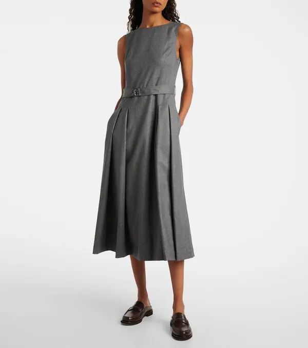 Brunello Cucinelli Belted Virgin Wool Midi Dress - Grey