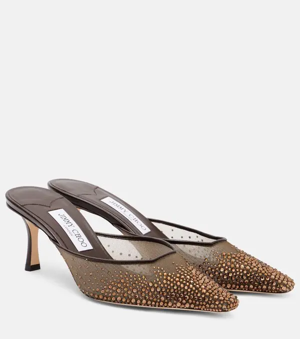 JIMMY CHOO Vivi 65 Crystal-embellished Mesh Mules - Brown