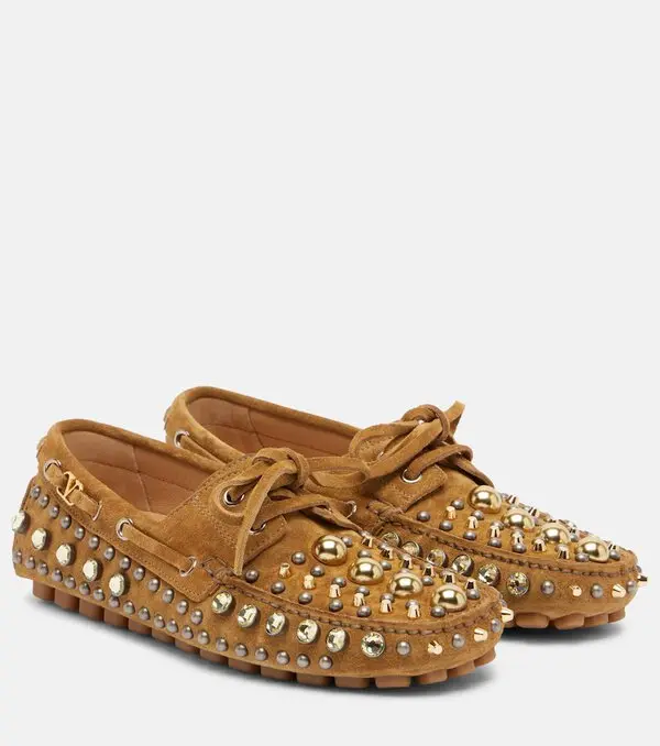 Valentino Garavani Fastaway Embellished Suede Driving Shoes - Beige