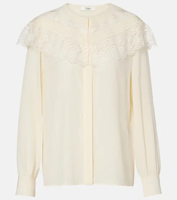 Chloé Lace-trimmed Silk Crêpe De Chine Blouse - White