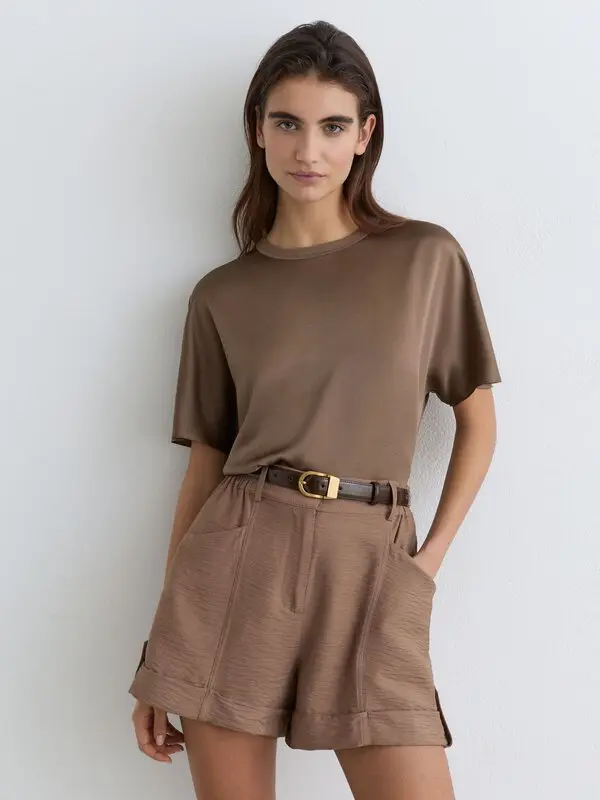 REISS Lena Silk Top - Taupe Brown