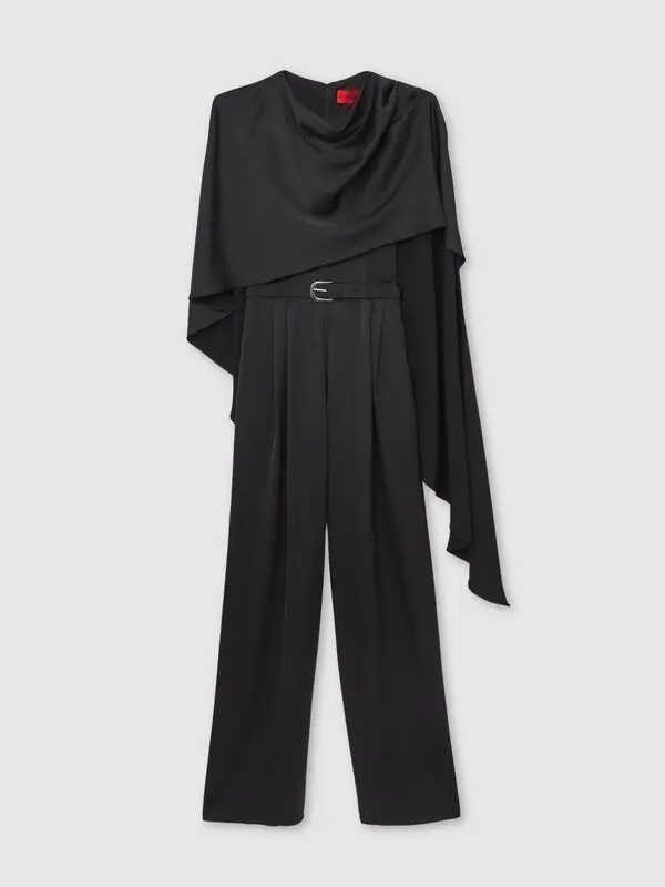 Halston Crepe Wide Leg Cape Jumpsuit - Black