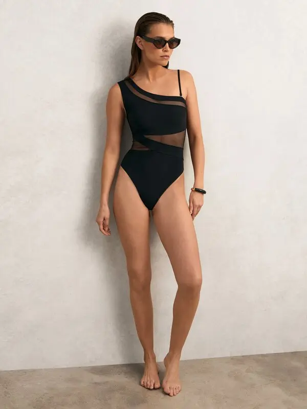 REISS Davina One-shoulder Swimsuit With Mesh Panel - Black