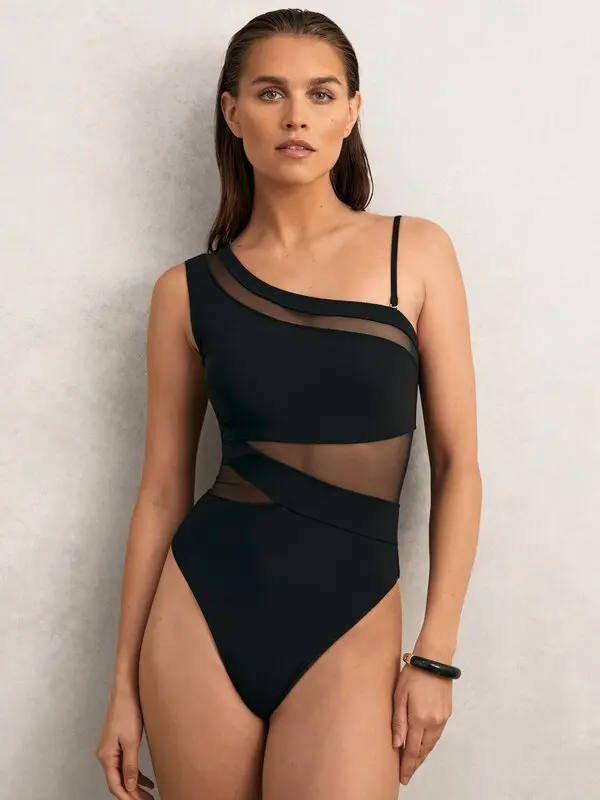 REISS Davina One-shoulder Swimsuit With Mesh Panel