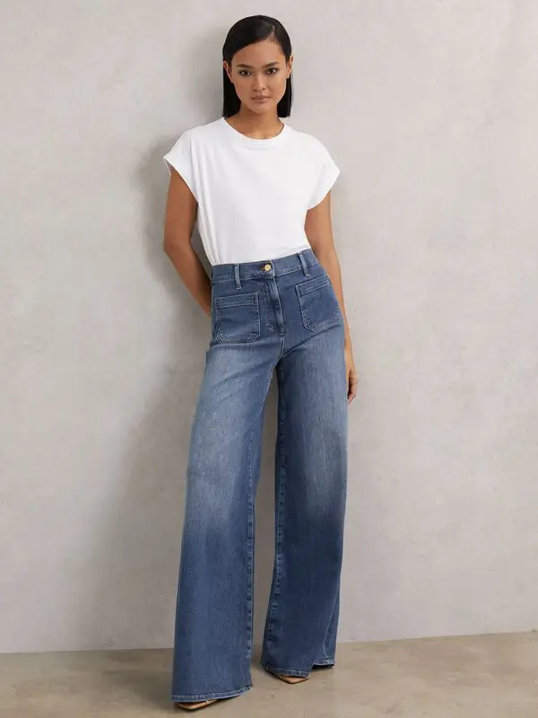 REISS Bella Patch Pocket Wide Leg Jeans - Mid Blue