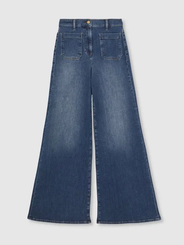 REISS Bella Patch Pocket Wide Leg Jeans - Mid Blue