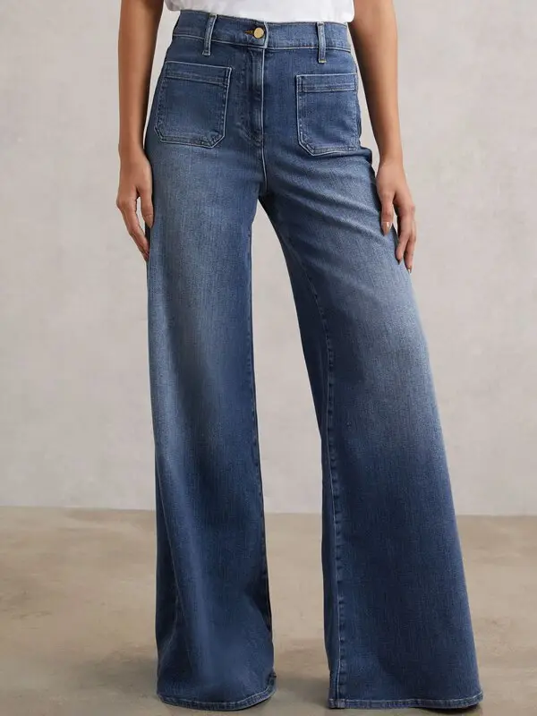 REISS Bella Patch Pocket Wide Leg Jeans - Mid Blue