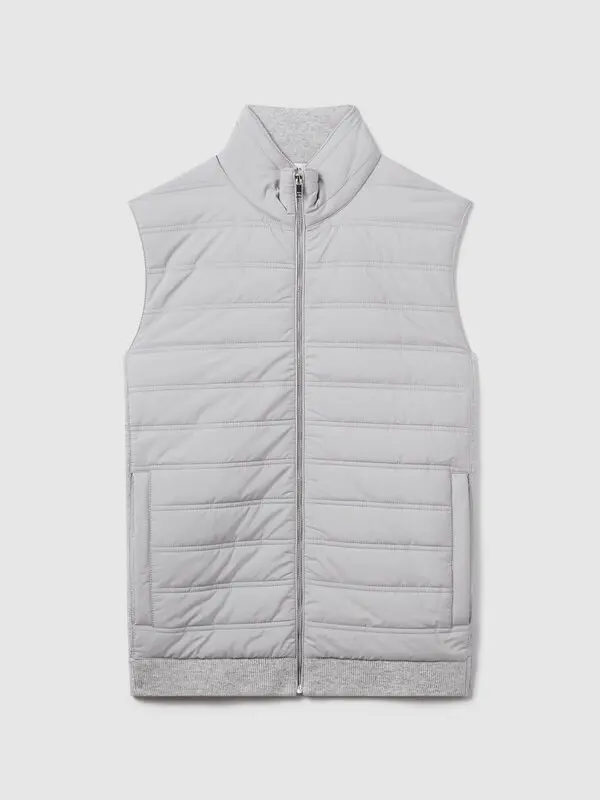 REISS William Hybrid Quilt And Knit Zip-through Gilet - Soft Grey