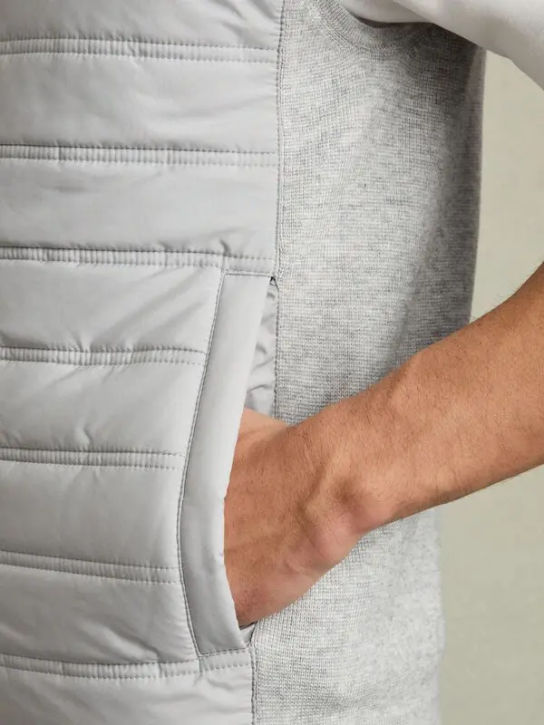 REISS William Hybrid Quilt And Knit Zip-through Gilet - Soft Grey