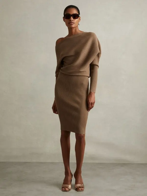 reiss lara draped knitted bodycon dress Reiss Lara Off-Shoulder Stretch-Knit Bodycon Midi Dress - Mink - 44% Off