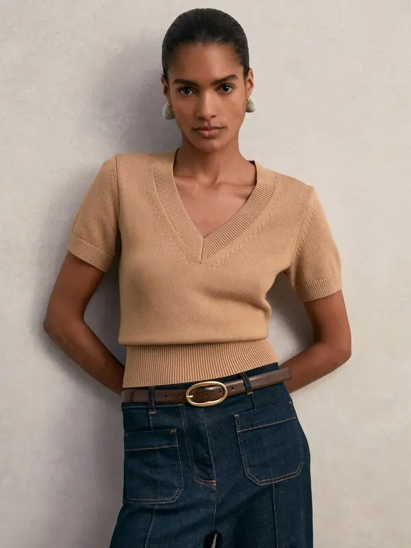 REISS Cotton-wool Knit V-neck Top - Camel