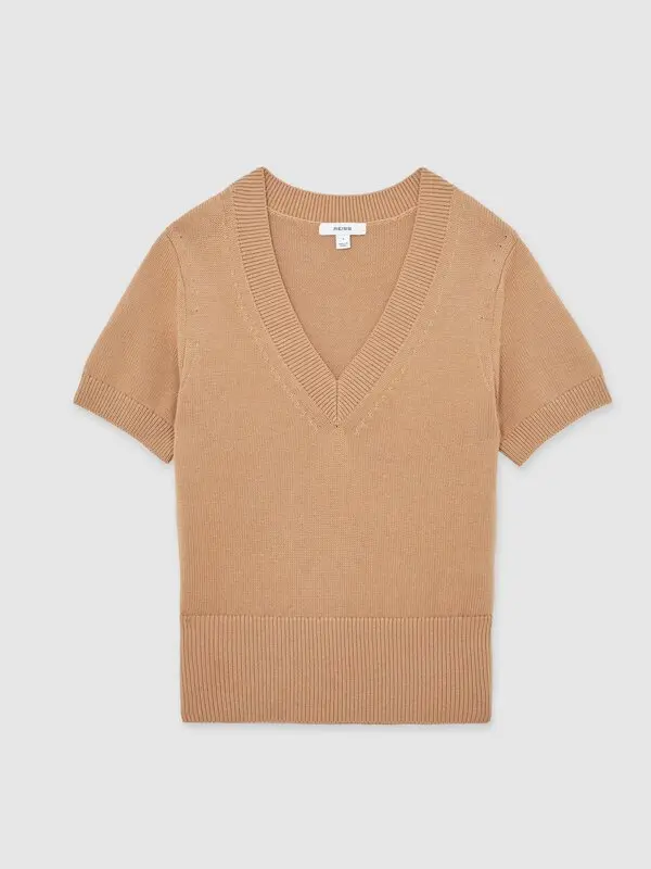 REISS Cotton-wool Knit V-neck Top - Camel