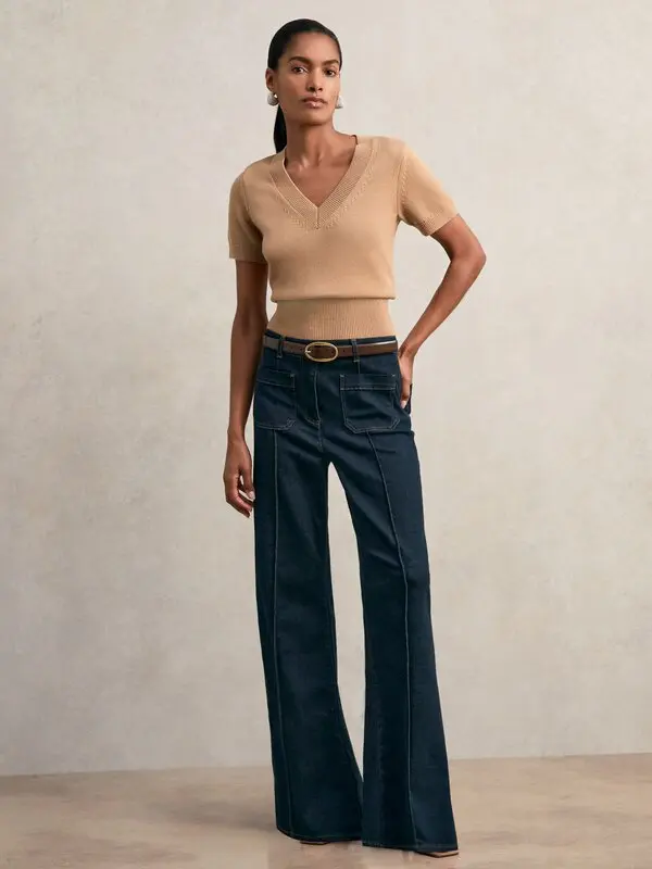 REISS Cotton-wool Knit V-neck Top - Camel