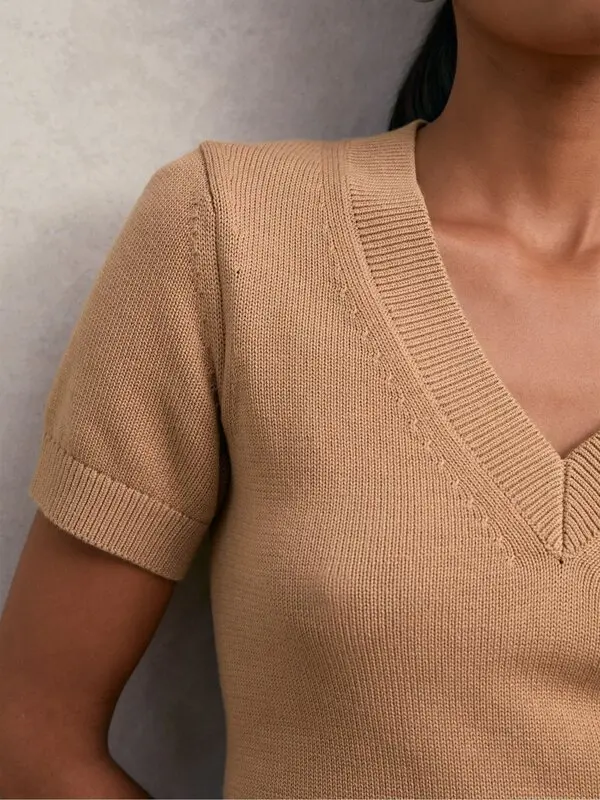 REISS Cotton-wool Knit V-neck Top - Camel
