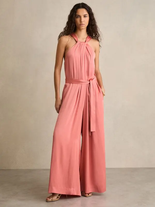 REISS Petite Satin Wide-leg Jumpsuit - Pink