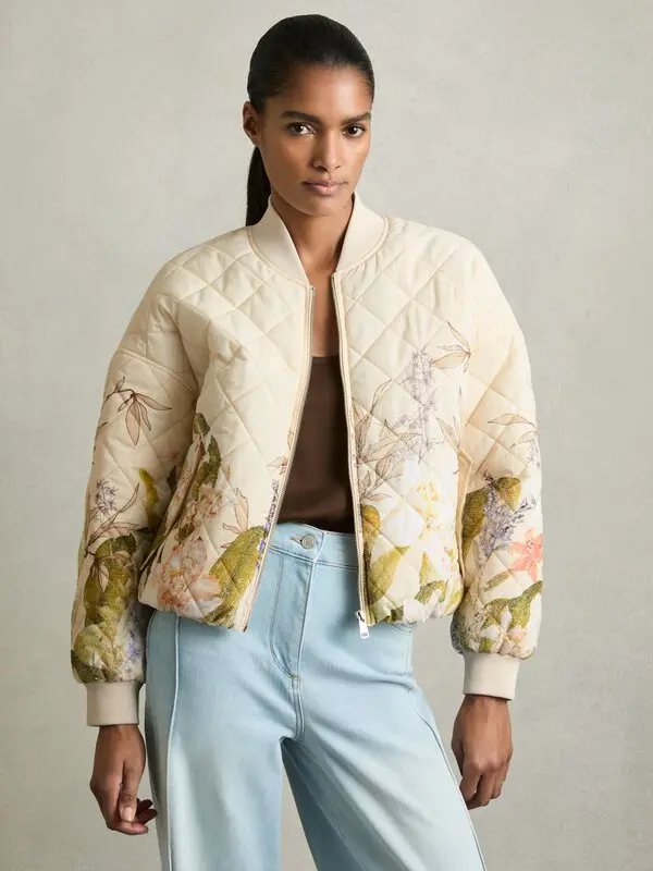 REISS Printed Quilted Bomber Jacket - Pink Print