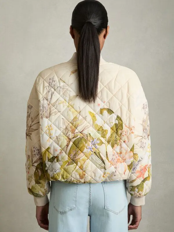 REISS Printed Quilted Bomber Jacket - Pink Print