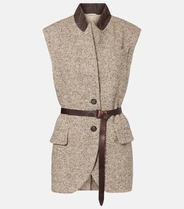 Brunello Cucinelli Belted Wool And Silk-blend Vest - Beige