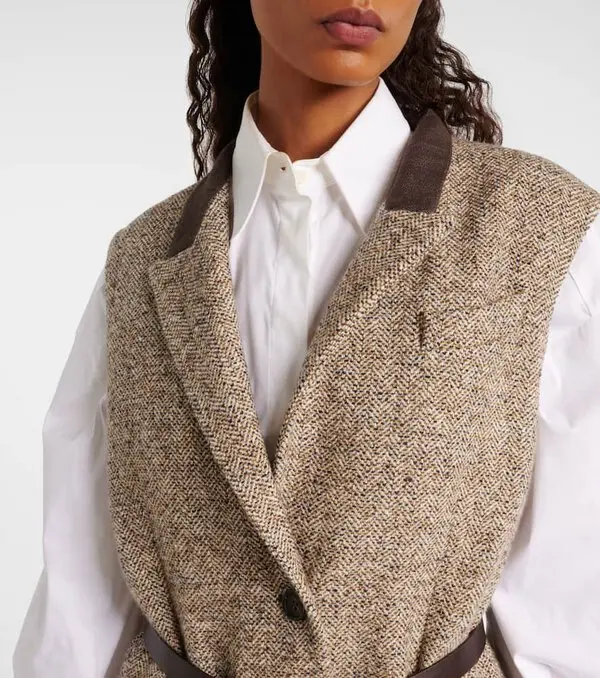 Brunello Cucinelli Belted Wool And Silk-blend Vest - Beige