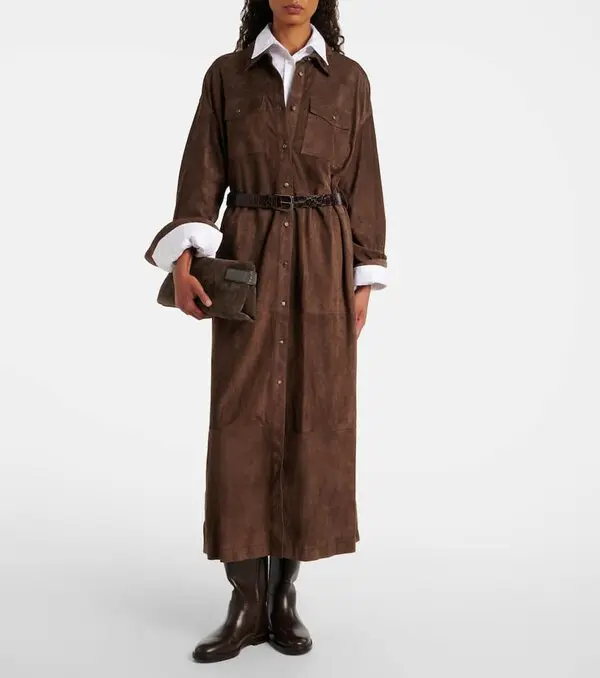 Brunello Cucinelli Monili Belted Suede Shirt Dress