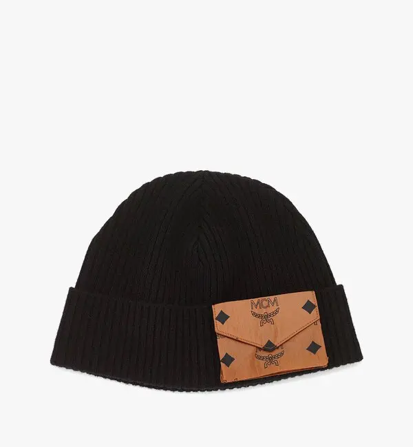 Mcm Wool Beanie With Monogram Pocket - Black